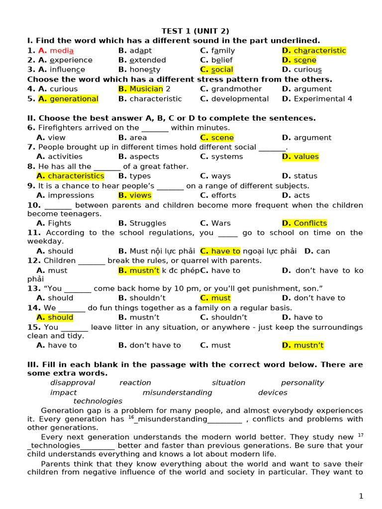 5. UNIT 2 - TEST 1 | PDF | Adolescence