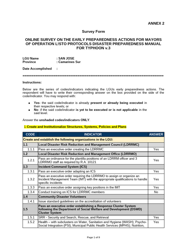 Annex 2 Survey Form of Early Preparedness Action Result | PDF ...