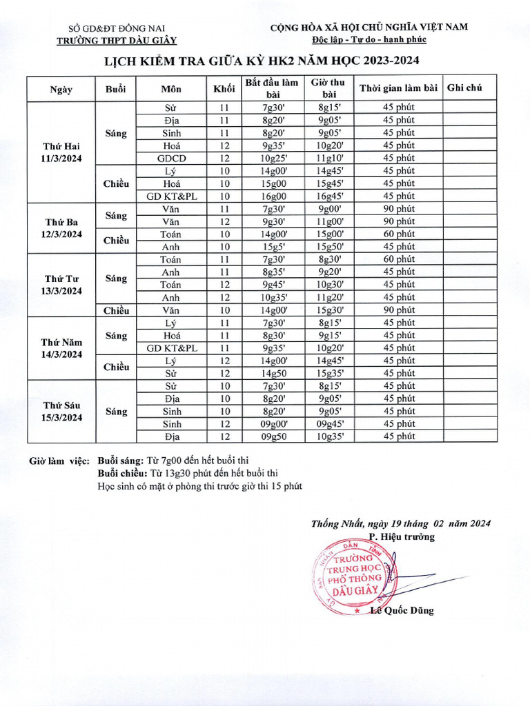 Lịch Kiểm Tra Giữa Kì Hkii Năm Học 2023-2024 - 0001 | PDF