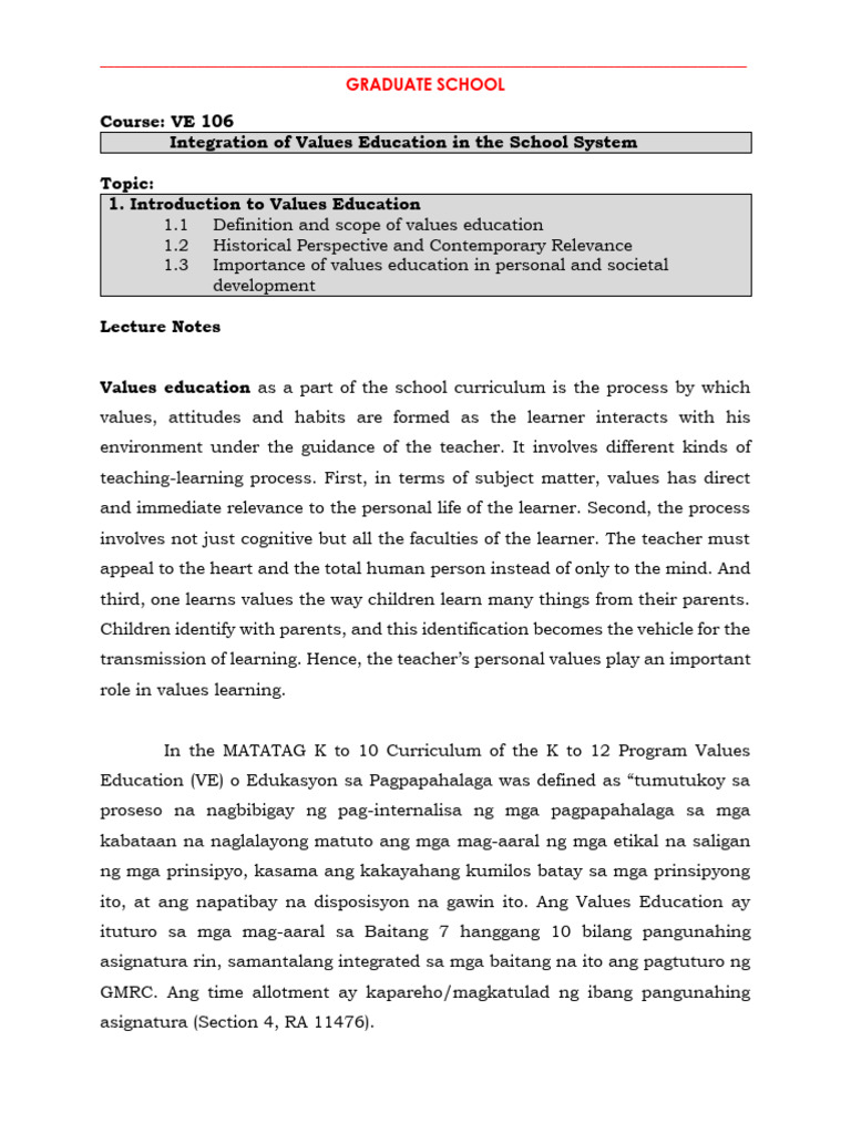 Introduction To Values Education | PDF | Curriculum | Learning