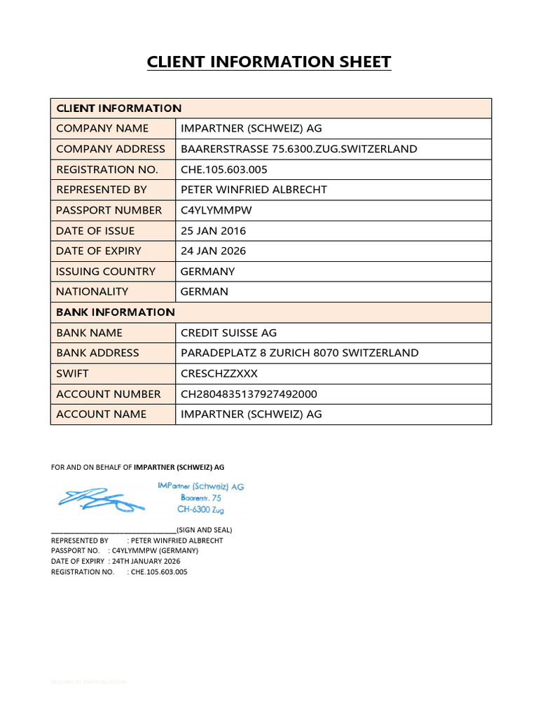 Impartner Schweiz AG Client Info Sheet | PDF