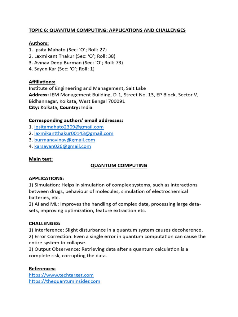 Quantum Computing: Uses and Challenges | PDF
