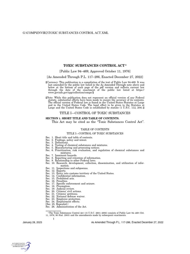 TOXIC SUBSTANCE CONTROL ACT | PDF | United States Code | Toxicity