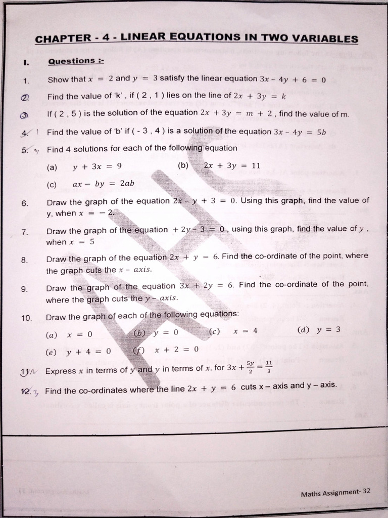 Maths Assignment ch-4 Linear Equations in Two Variables | PDF ...