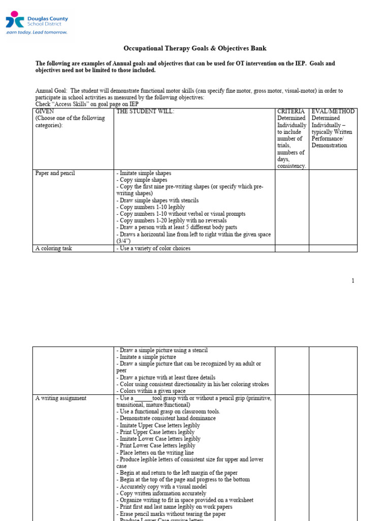 Pediatric OT Goals & Objectives Bank | PDF