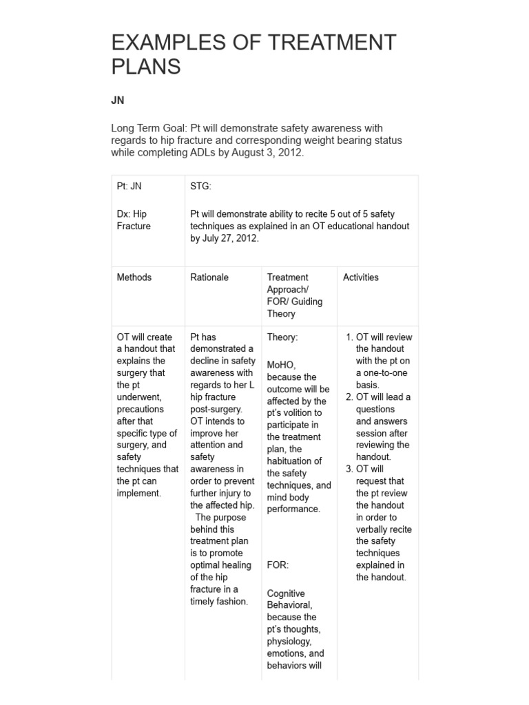 Occupational Therapy Treatment Plan Examples | PDF | Awareness ...