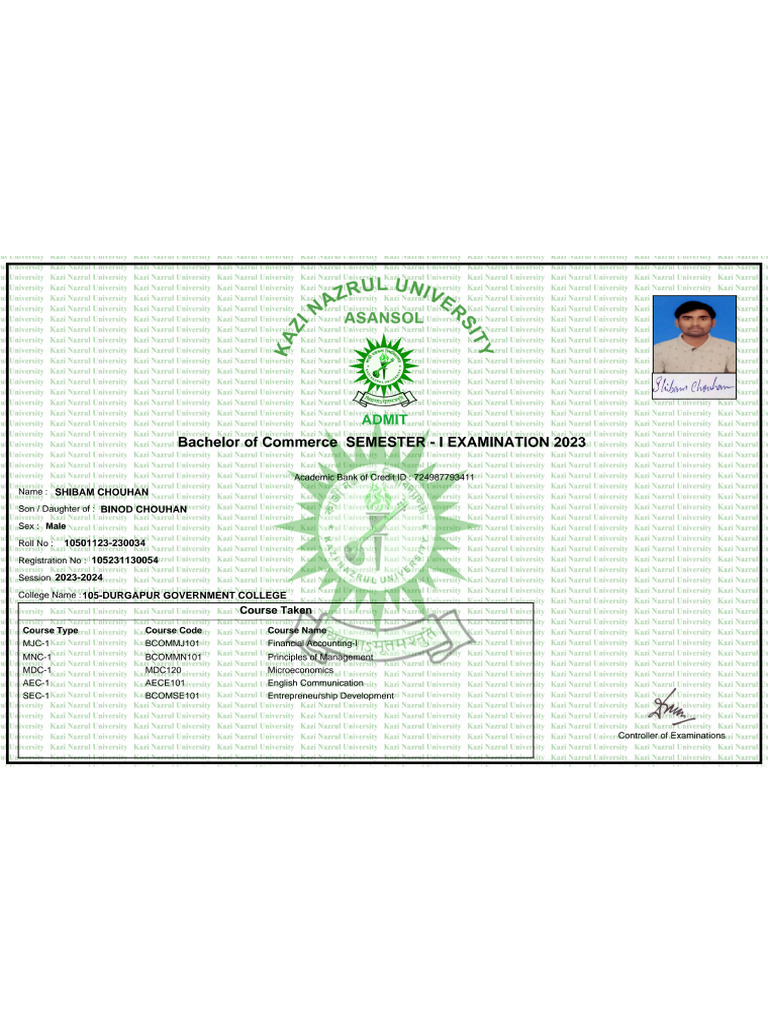 Admit Card College 1st Sem | PDF