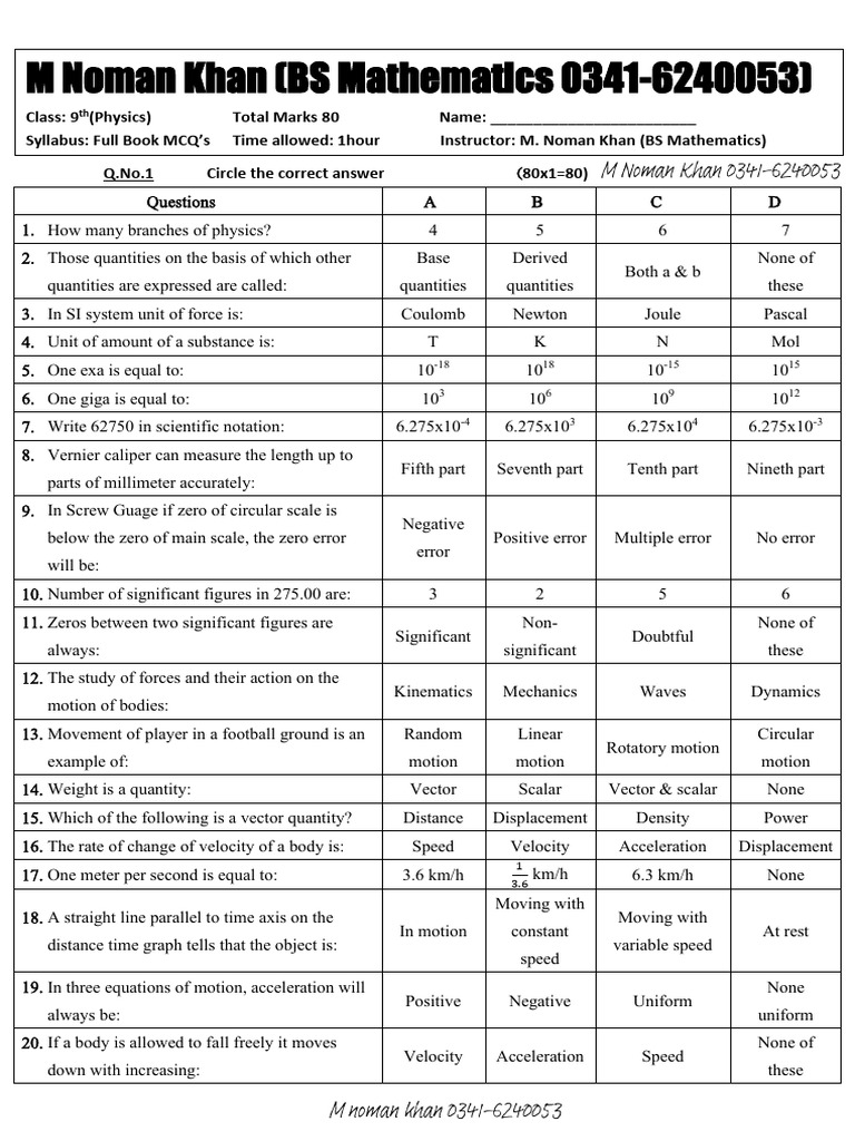 Physics Class 9 Full Book Mcq's 2025 | PDF | Force | Acceleration