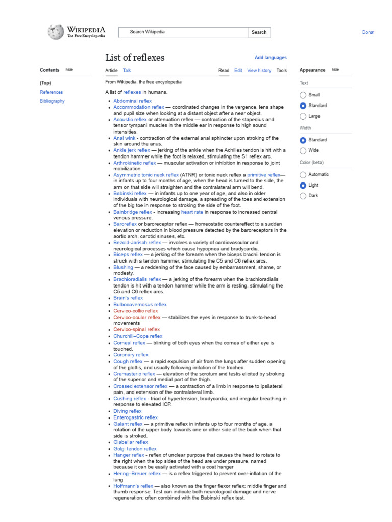 List of reflexes - Wikipedia | PDF | Reflexes | Neurophysiology