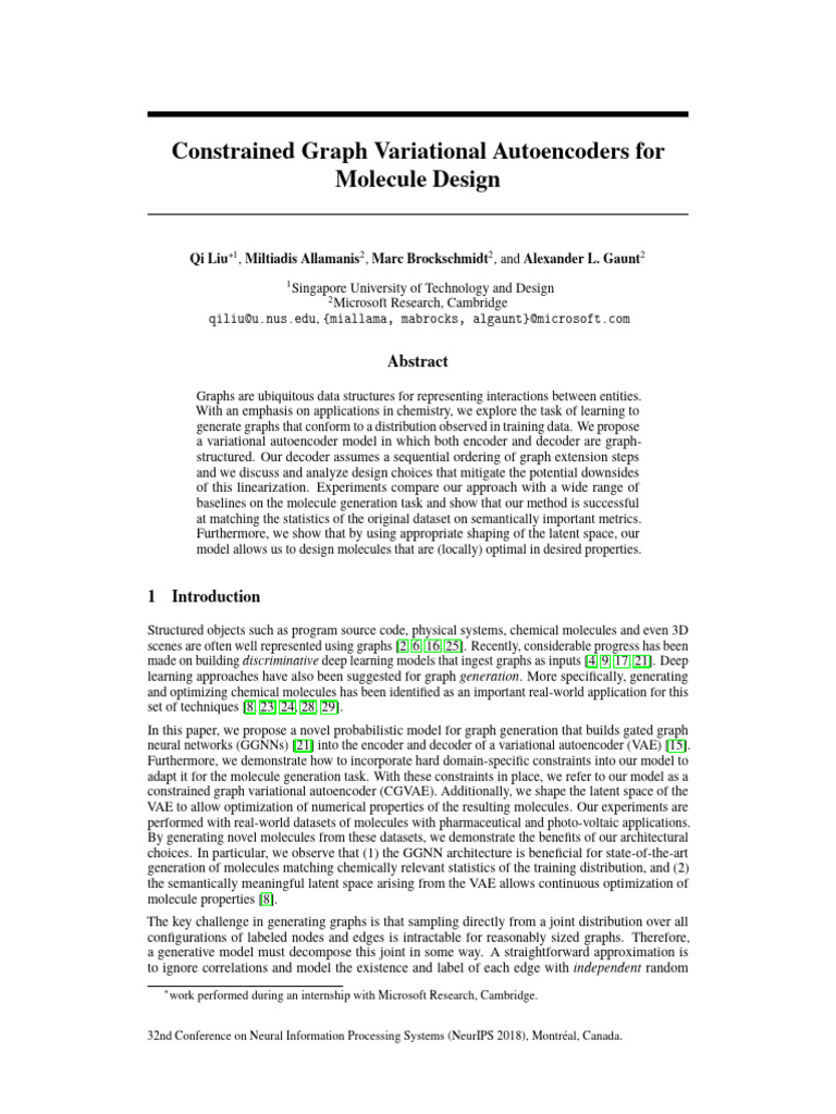 Constrained Graph Variational Autoencoders For Molecule Design Pdf Valence Chemistry