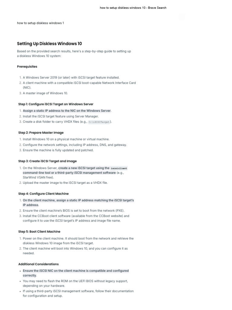 how to setup diskless windows 10 - Brave Search | PDF