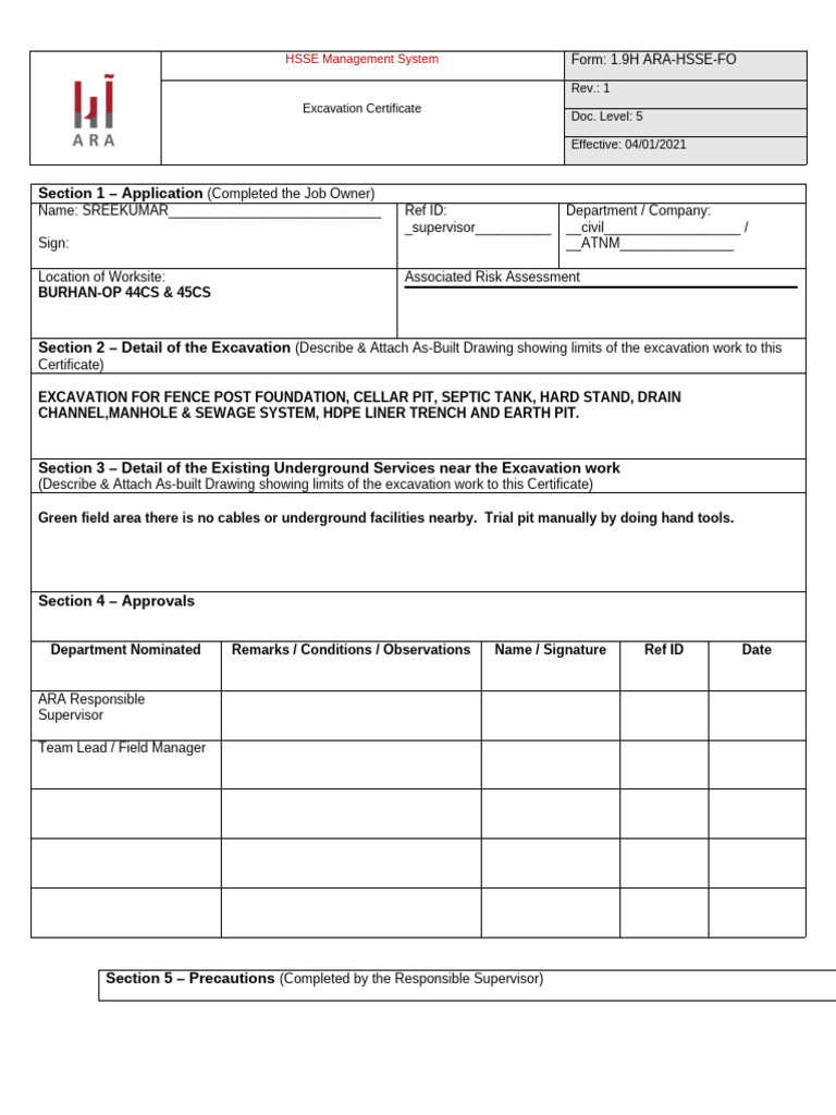 1.9H ARA-HSSE-FO Excavation Certificate - 03 | PDF | Trench