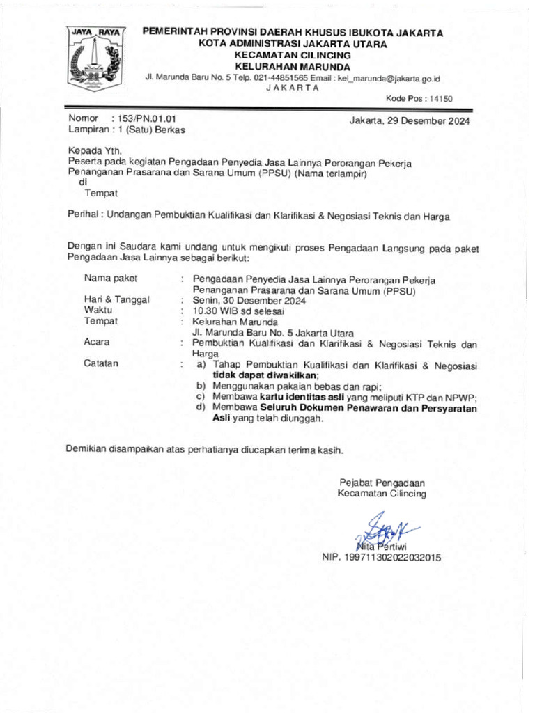 PPSU - Undangan Pembuktian Kualifikasi Dan Klarifikasi Dan Negosiasi | PDF