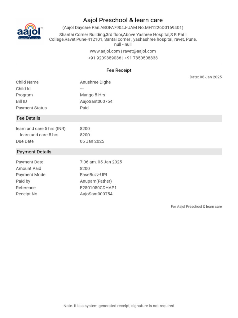 Anushree Dighe Fee Receipt 05-01-2025 | PDF Anushree Dighe Fee Receipt 05-01-2025 | PDF