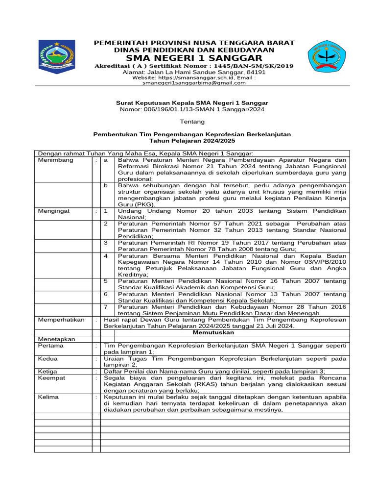 SK Tim Pengembangan Keprofesian Berkelanjutan Tahun Pelajaran 2024-2025 | PDF
