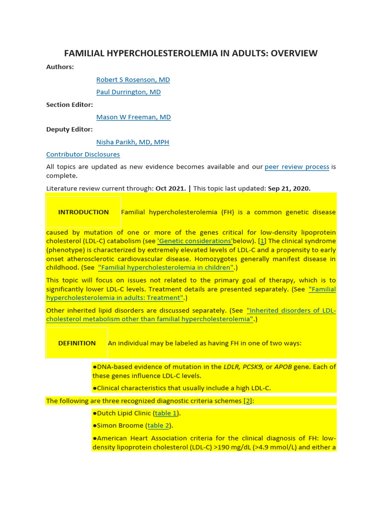Familial Hypercholesterolemia in Adults | PDF | Hypercholesterolemia ...