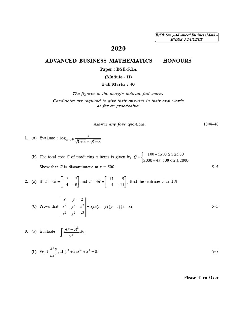 CU-2020 B. Com. (Honours) Advanced Business Mathematics-M2 Semester-V Paper-DSE-5.1 QP | PDF ...