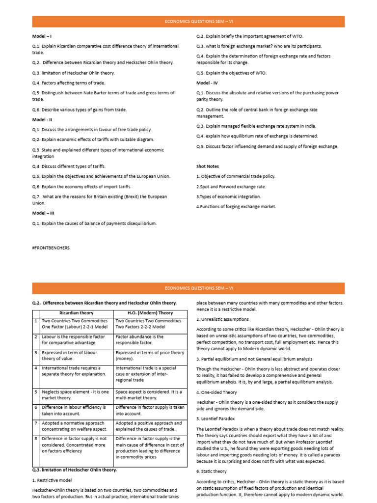 Economics Questions for SEM VI | PDF | Foreign Exchange Market | Tariff