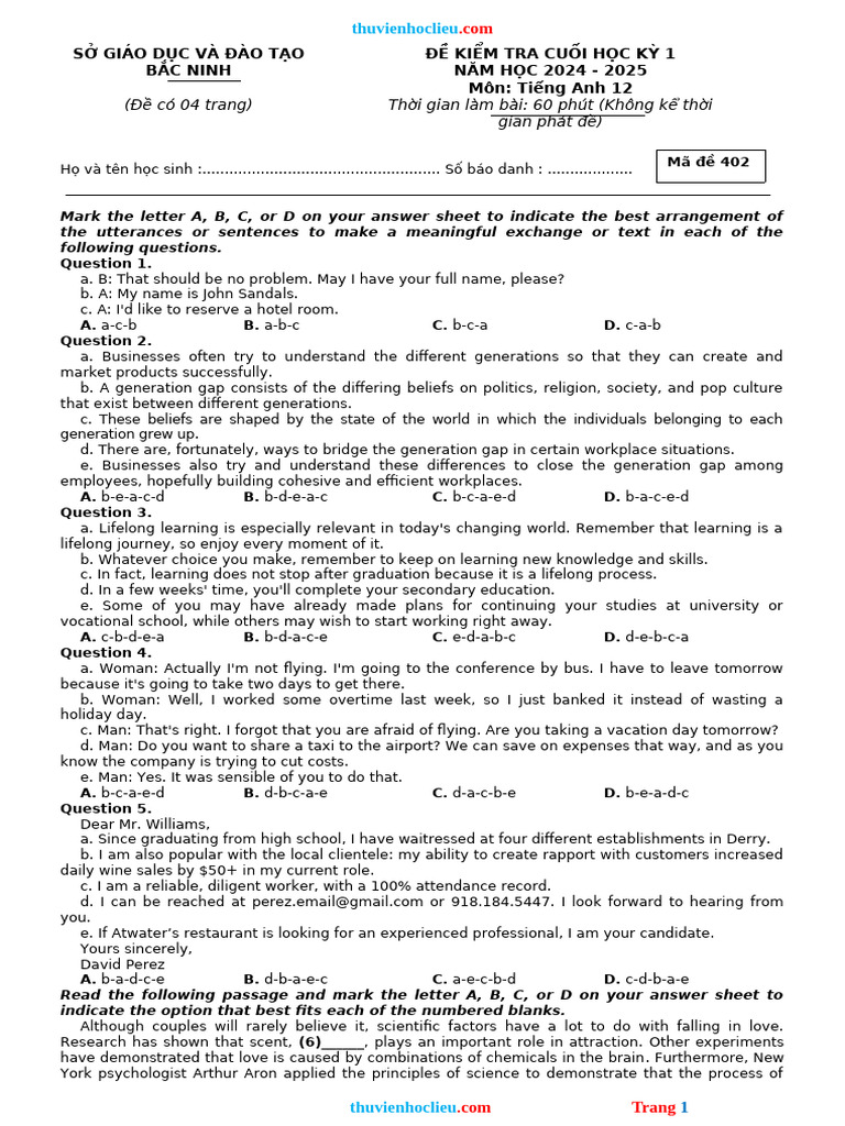 Thuvienhoclieu.com de Kiem Tra Cuoi HK1 Tieng Anh 12 SO GD Bac Ninh 24 25 | PDF | Urbanization ...