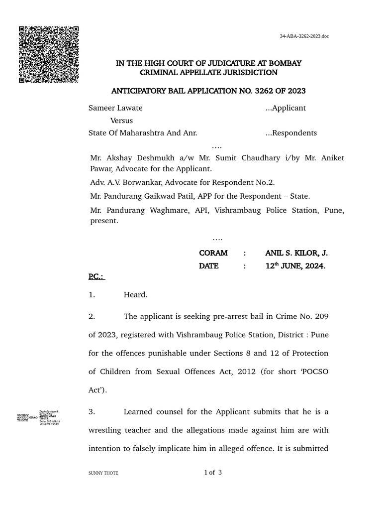 Anticipatory Bail Granted in POCSO Case | PDF | Bail | Law Enforcement