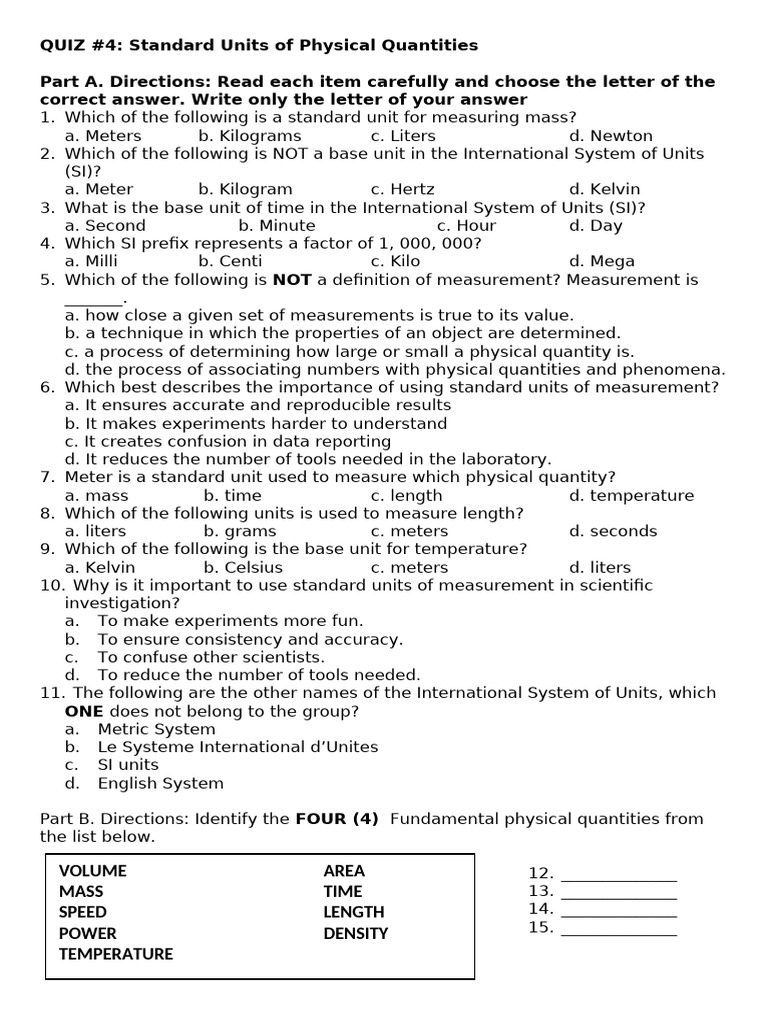 Quiz on Standard Units of Measurement | PDF | International System Of ...