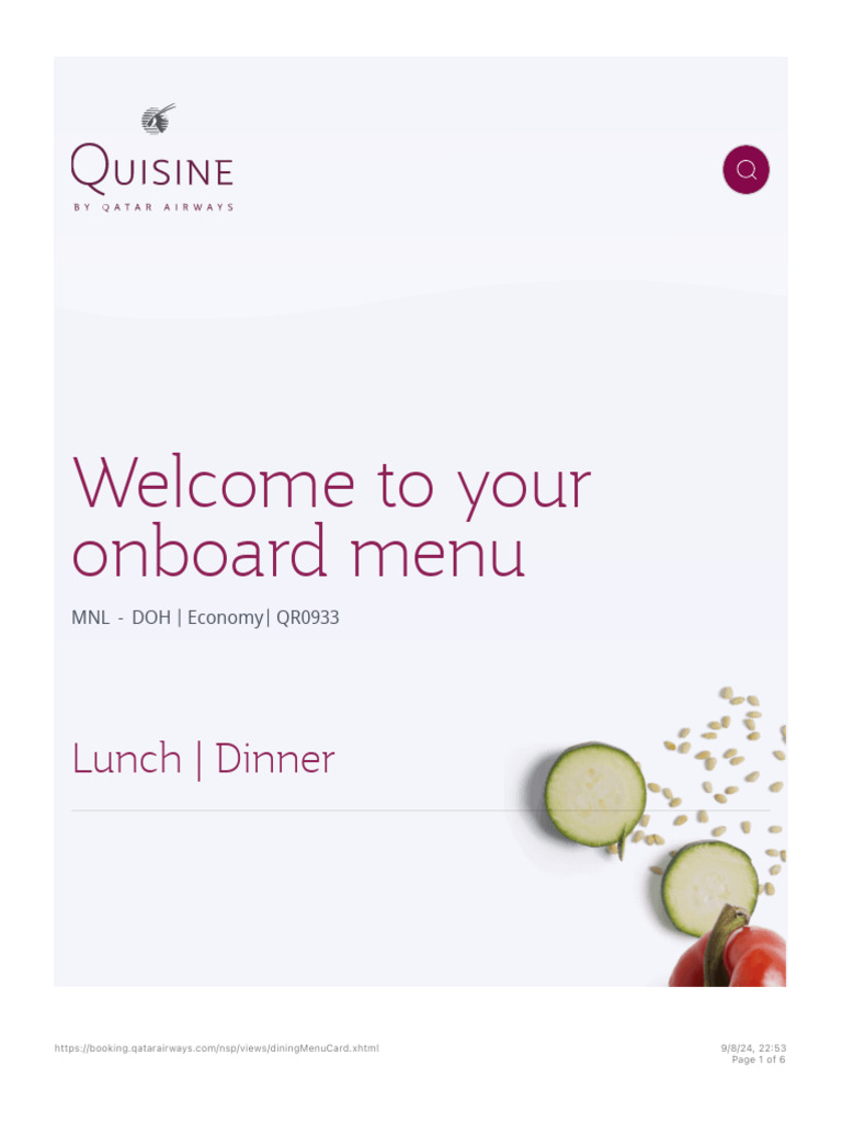 Qatar Airways Economy Class Menu 2024 | PDF | Drink | Lunch