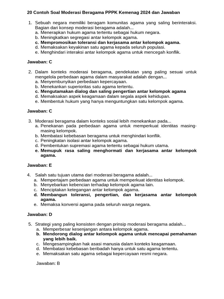 Contoh Soal Moderasi Beragama PPPK Kemenag 2024 Dan Jawaban | PDF