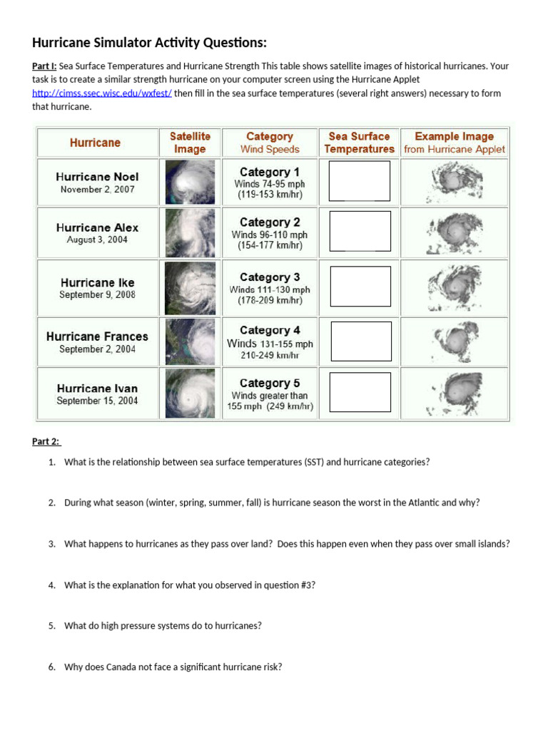 Hurricane Simulator Activity Questions 3 M 0 | PDF | Tropical Cyclones ...