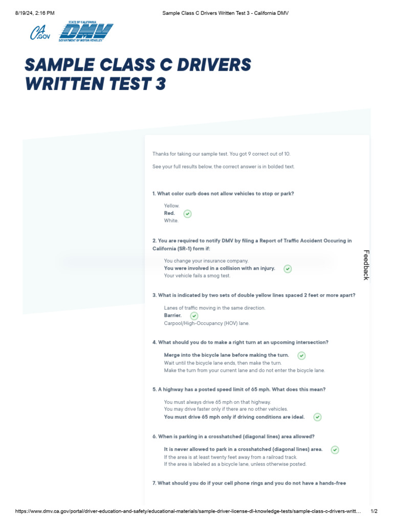 Sample Class C Drivers Written Test 3 - California DMV | PDF | Traffic ...