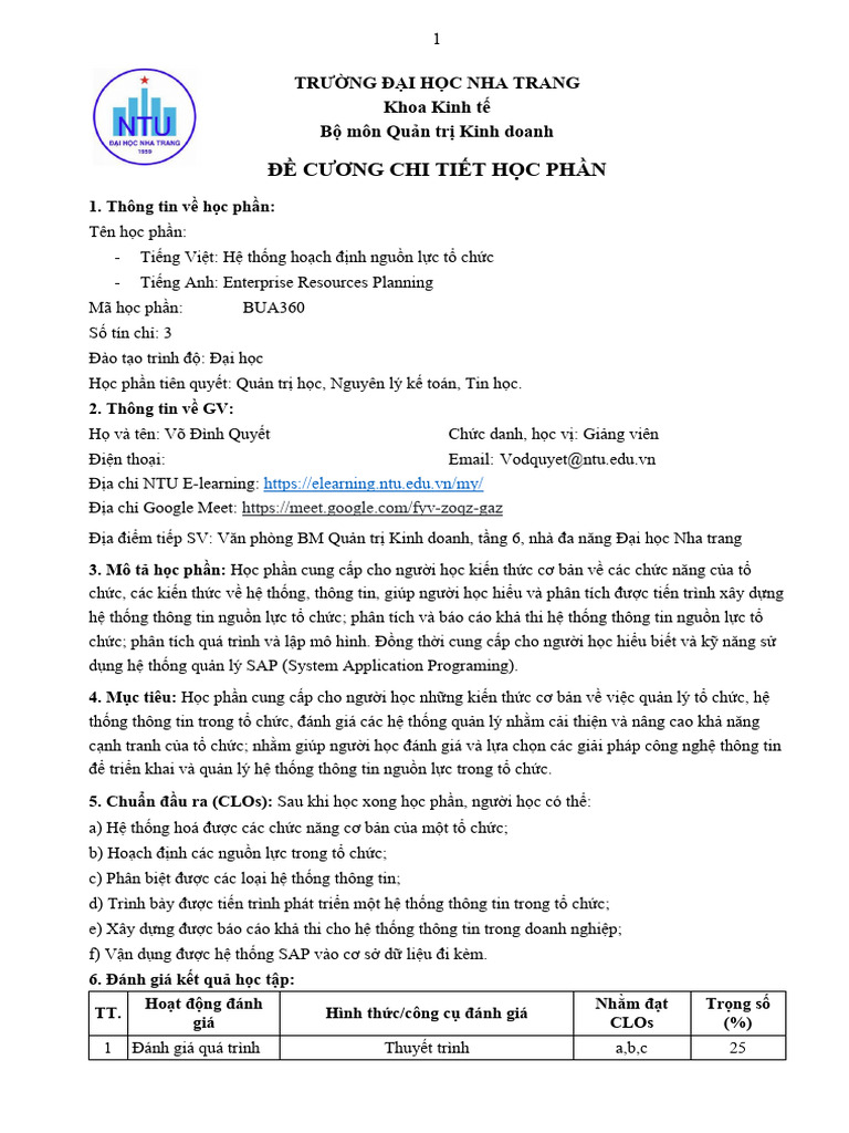 De Cuong Chi Tiet Hoc Phan Hoach Dinh Nguon Luc To Chuc | PDF