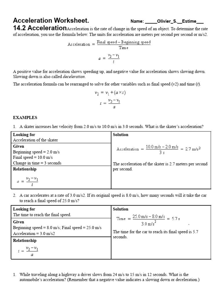 Acceleration Worksheet (1) | PDF | Acceleration | Dynamics (Mechanics)