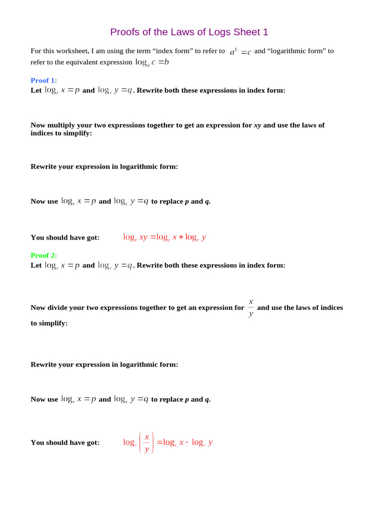 Logarithm Laws Proofs Worksheet | PDF