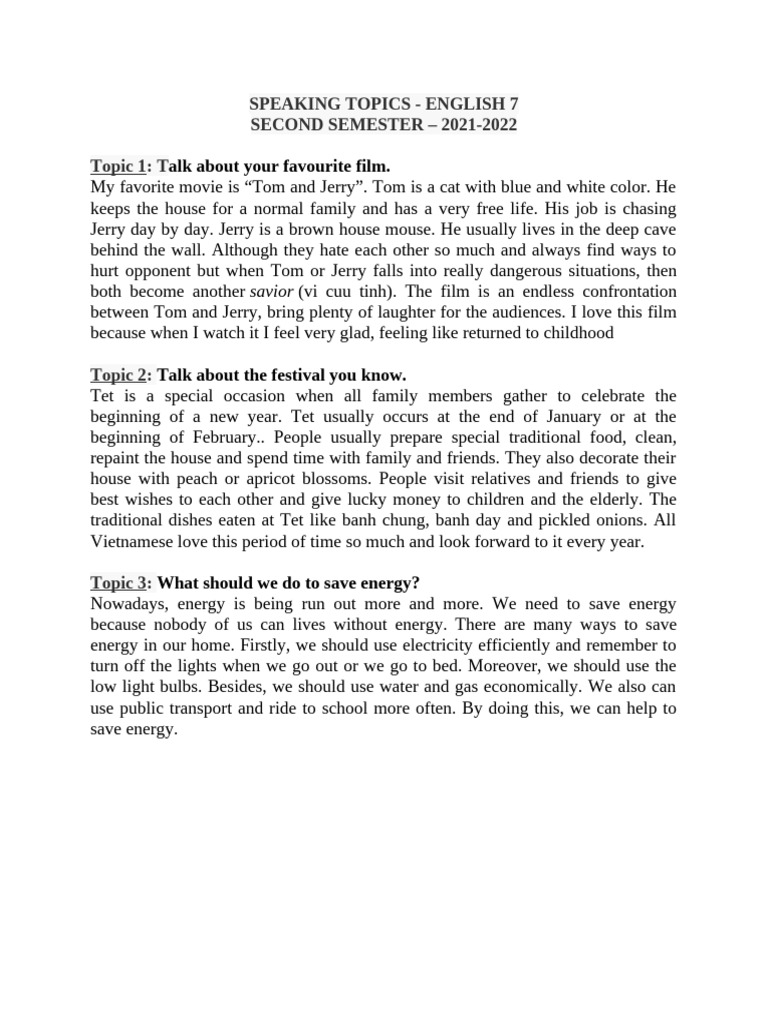 Grade 7 English Speaking Topics | PDF