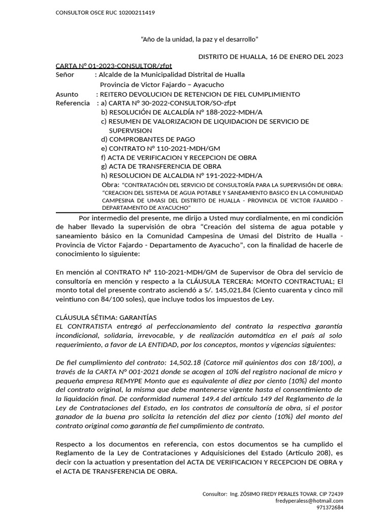 CARTA N° 01 DEVOLUCION DE RETENCION DE FIEL CUMPLIMIENTO | PDF CARTA N° 01 DEVOLUCION DE RETENCION DE FIEL CUMPLIMIENTO | PDF