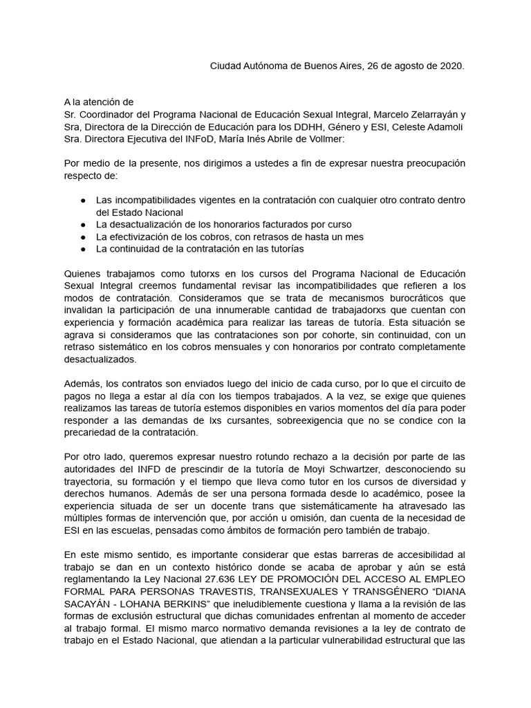 Carta Por Incompatibilidades y Continuidad Laboral en Cursos ESI - InFD | PDF | Transgénero ...