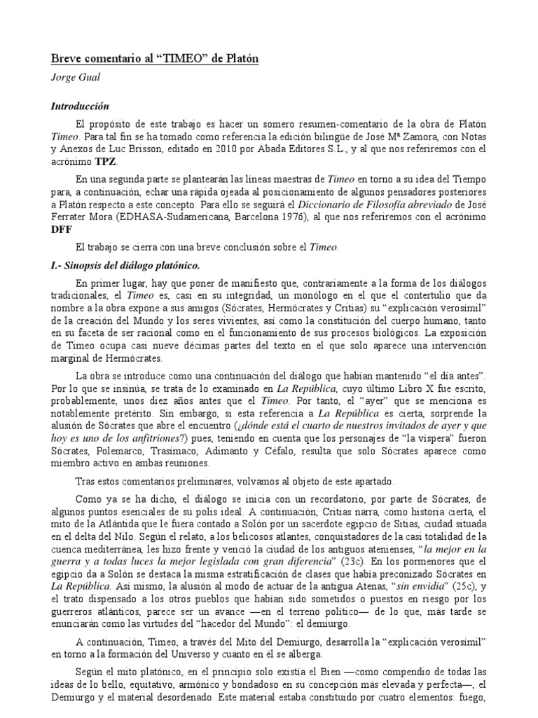 Breve comentario al Timeo de Platón | Alma | Platón | Prueba gratuita ...