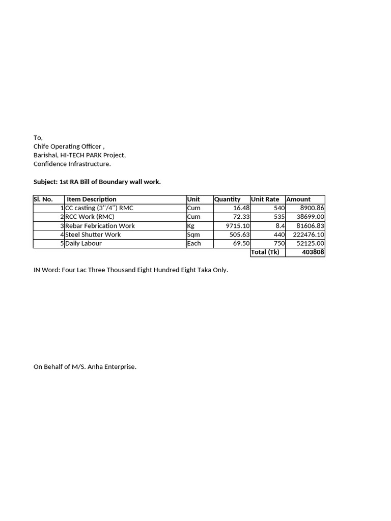 1st RA Bill for Boundary Wall Work | PDF | Building Materials ...