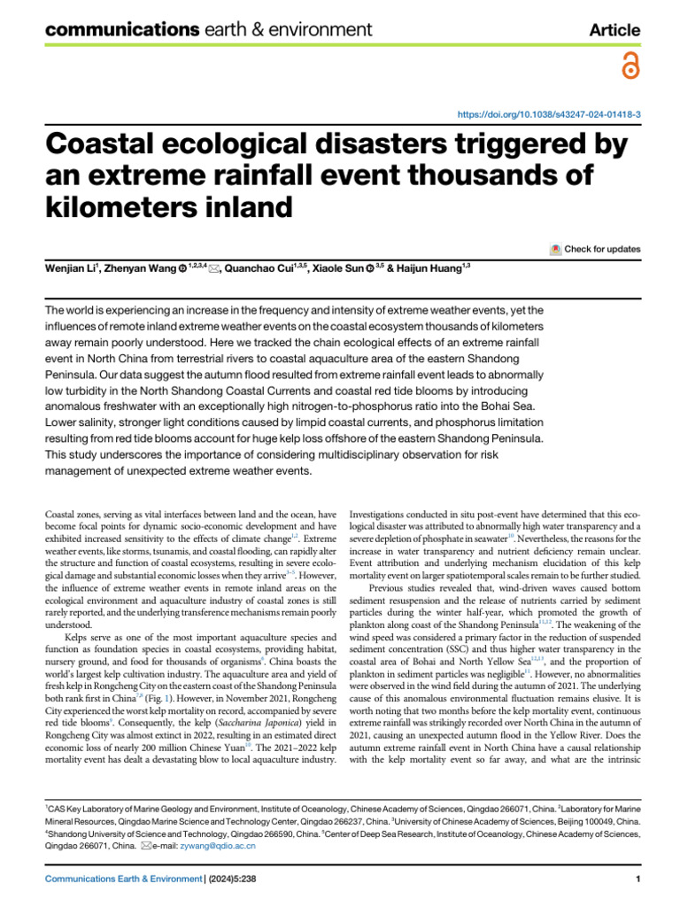 Coastal ecological disasters triggered by an extreme rainfall event ...