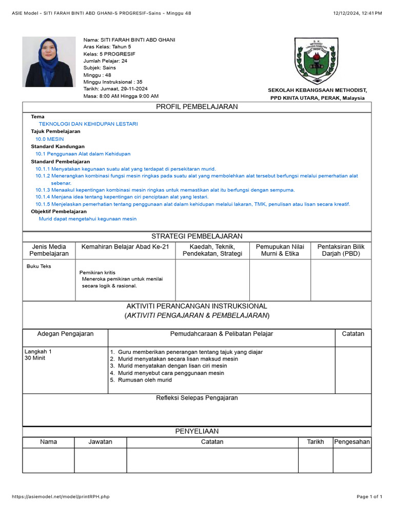 RPH THN 5 PROGRESIF-Sains - Jumaat Minggu 35 | PDF