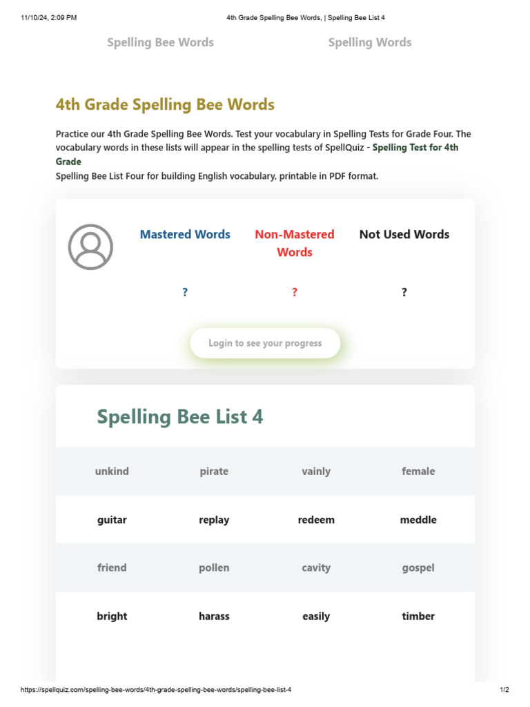 4th Grade Spelling Bee Words List | PDF