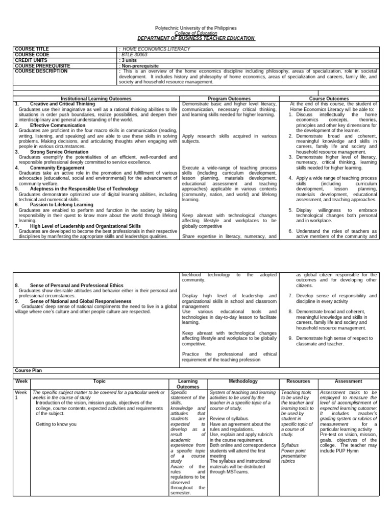 Home Economics Literacy Course Overview | PDF | Cardiopulmonary ...
