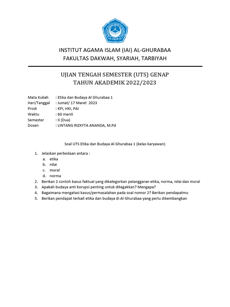UTS Etika dan Budaya Al Ghurabaa 1 | PDF