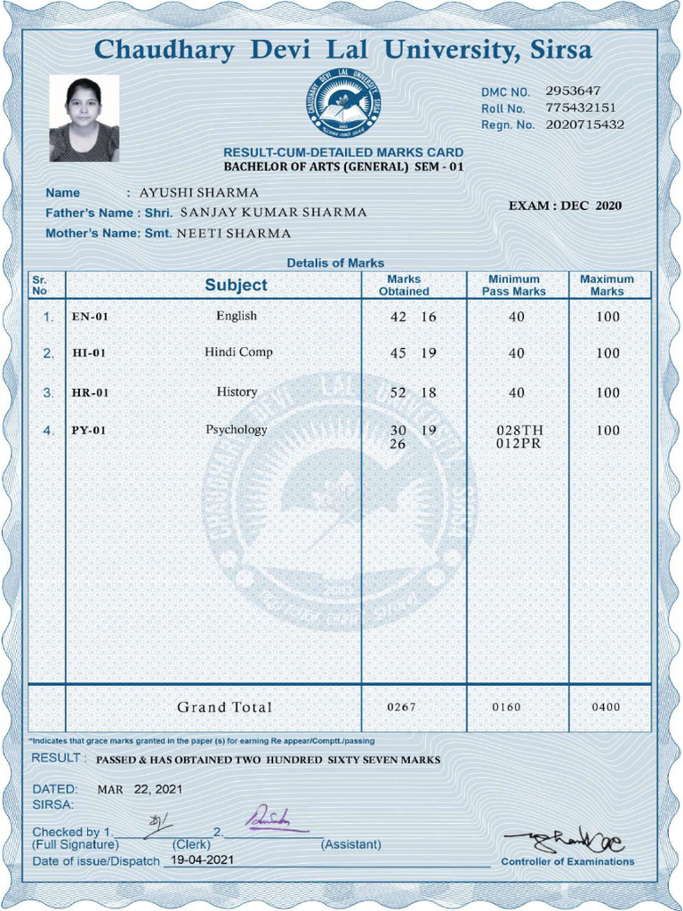 Ayushi Sharma Bachelor Marksheet | PDF