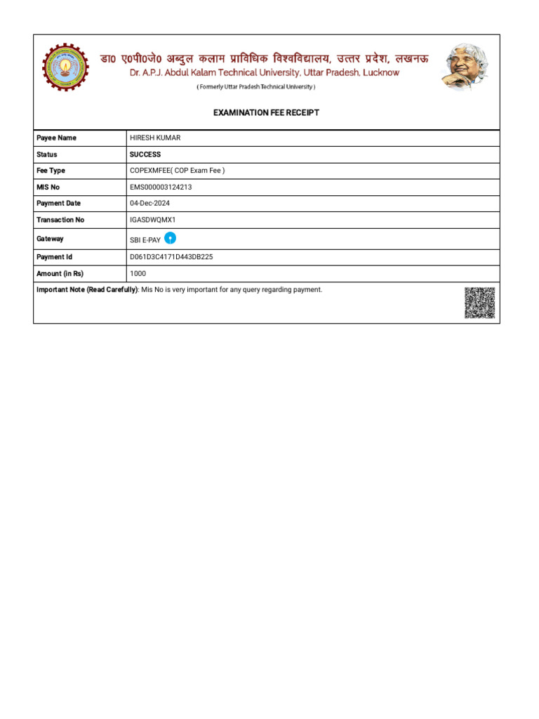 Payment Reciept Exam Form | PDF