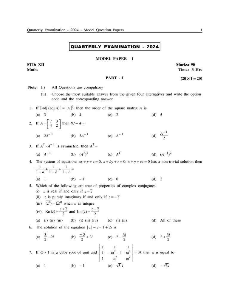 Class 12, Quarterly Model Question Papers | PDF