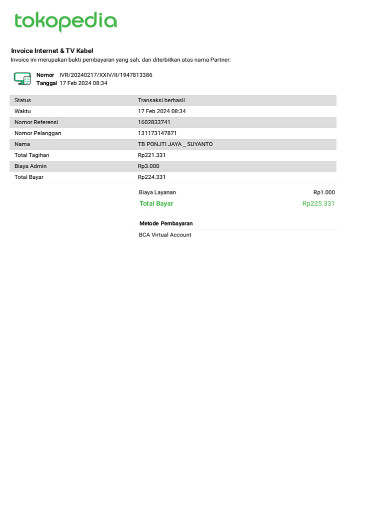 Invoice Pembayaran Internet & TV | PDF