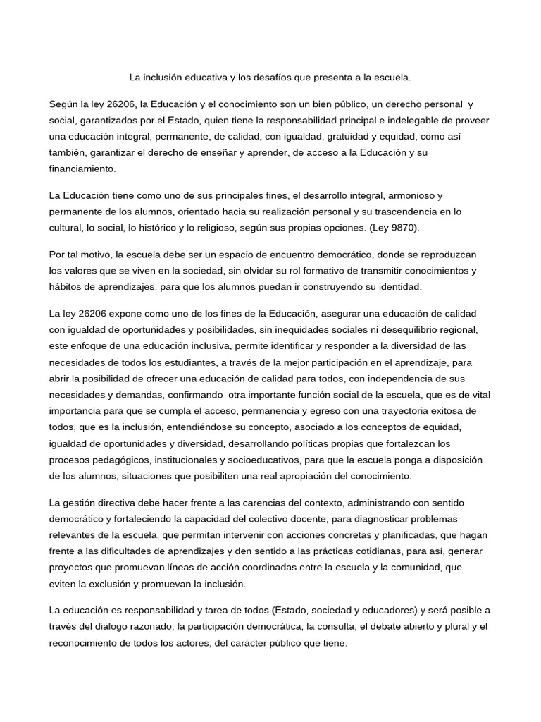 La Inclusión Educativa y Los Desafíos Que Presenta A La Escuela. | PDF ...