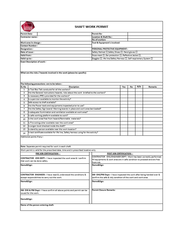 Shaft Safety Work Permit Checklist | PDF | Personal Protective ...