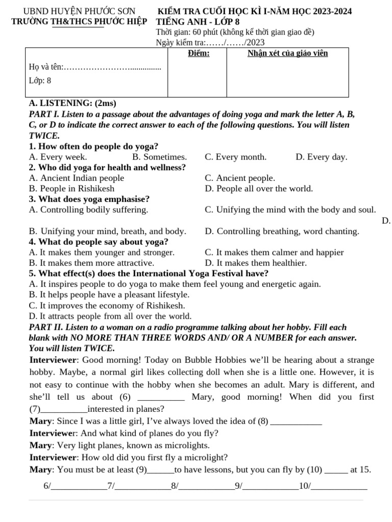 De Thi Hoc Ki 1 Mon Tieng Anh Lop 8 Nam 2023 2024 Co Dap an Truong Th Thcs Phuoc Hiep Phuoc Son ...