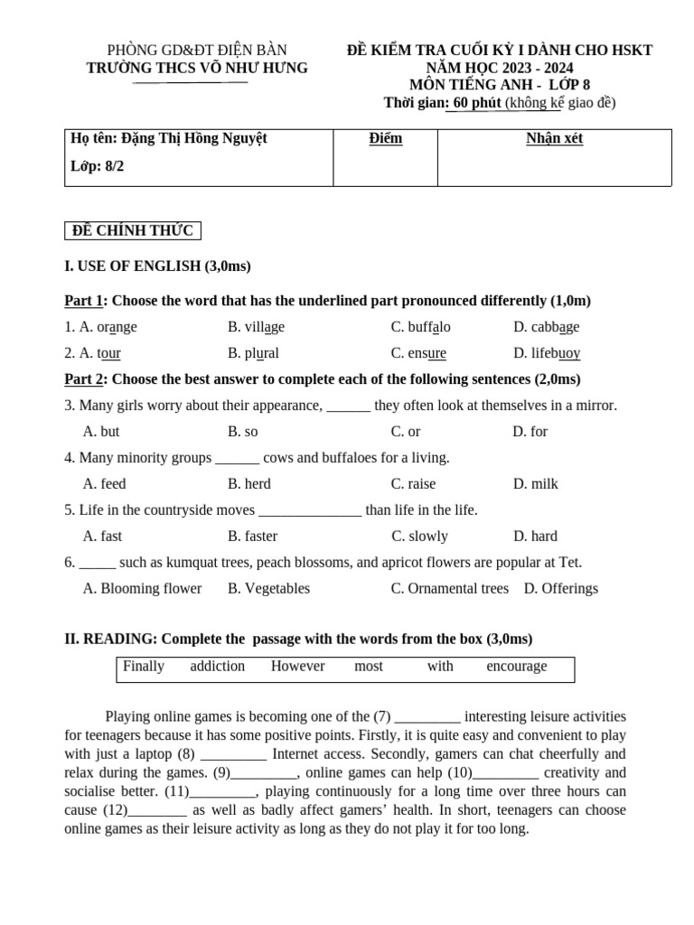 De Thi Hoc Ki 1 Mon Tieng Anh Lop 8 Nam 2023 2024 Co Dap An Truong Thcs Vo Nhu Hung Dien Ban ...